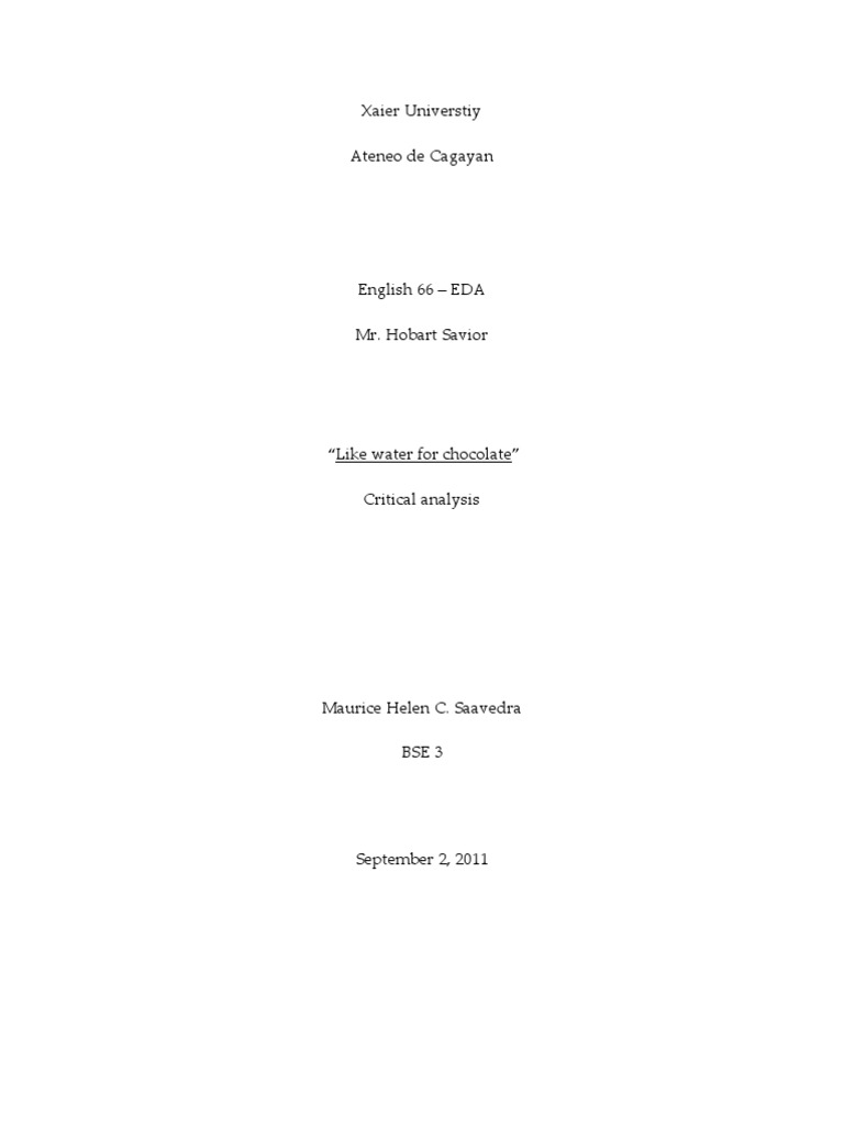 Critical Analysis of "Like Water for Chocolate" | PDF