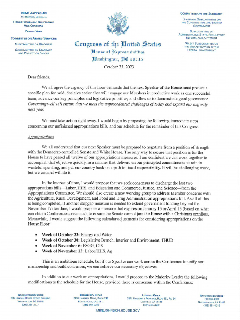 Letter From Mike Johnson To House Republicans On Policy | PDF