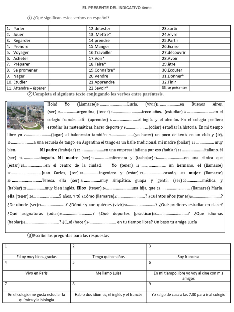 1 El Presente Del Indicativo 4ème Ejercicios | PDF