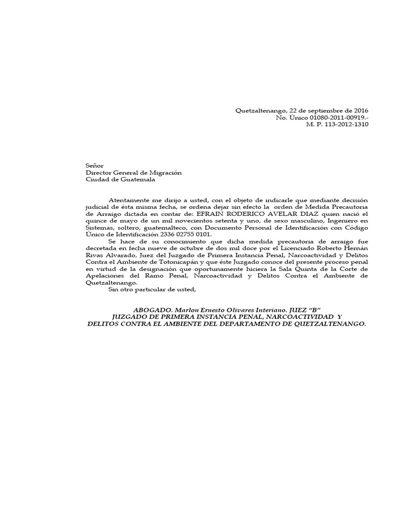 OFICIO Migracion Sin Efecto Arraigo | PDF