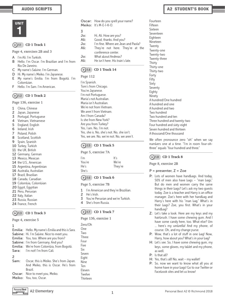 PB AmE A2 SB Audioscript U1 | PDF