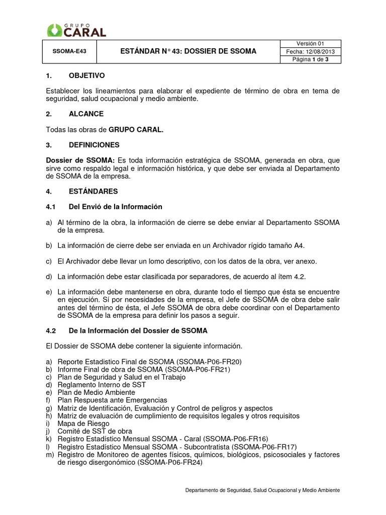 SSOMA-E043 Dossier de SSOMA Ver.01 | PDF | Seguridad y salud ocupacional