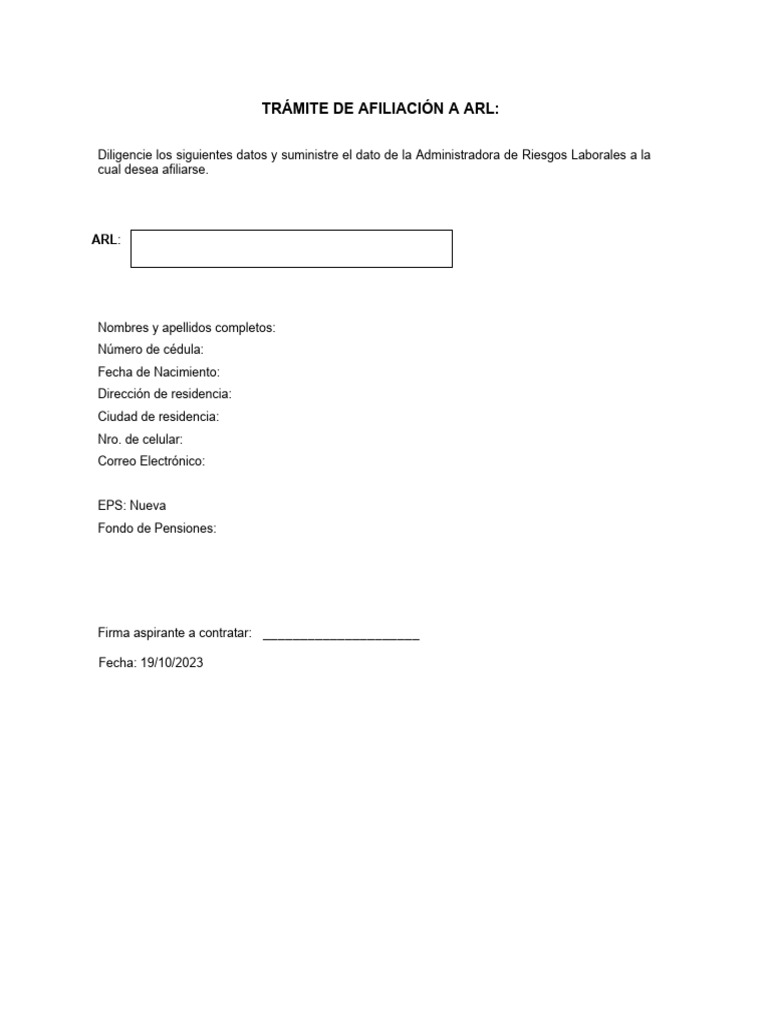 Formato Afiliacion Arl Actualizado | PDF