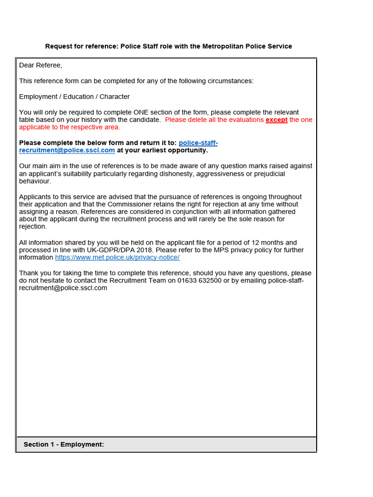 Metropolitan Police Reference Request Form | PDF | Recruitment