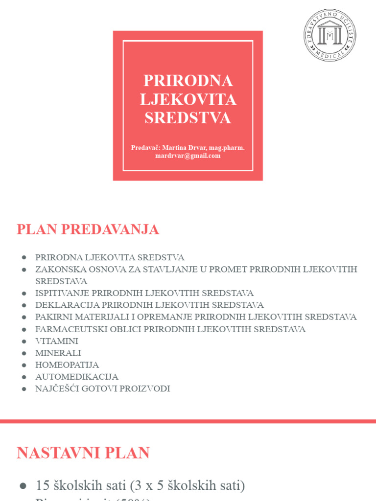 Prirodna Ljekovita Sredstva - 1. Predavanje - 1. Dio - 2023 | PDF