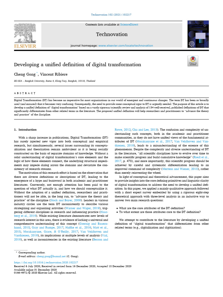 Developing A Unified Definition of Digital Transformation | PDF
