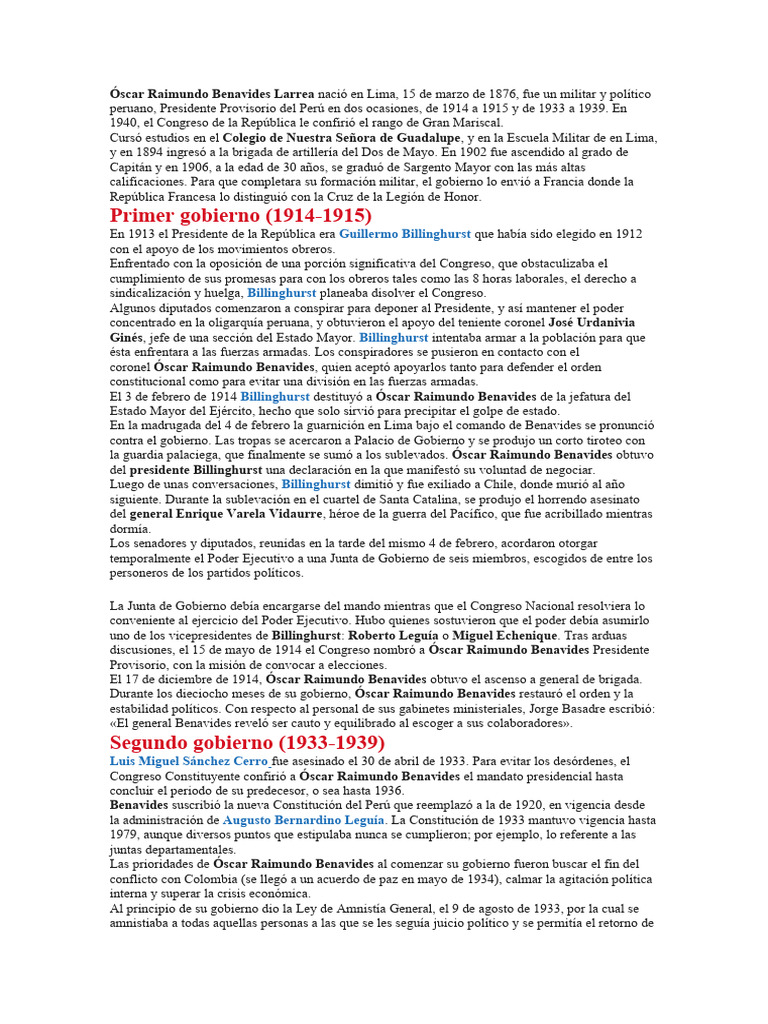Óscar Raimundo Benavides Larrea | PDF | Perú | América del Sur