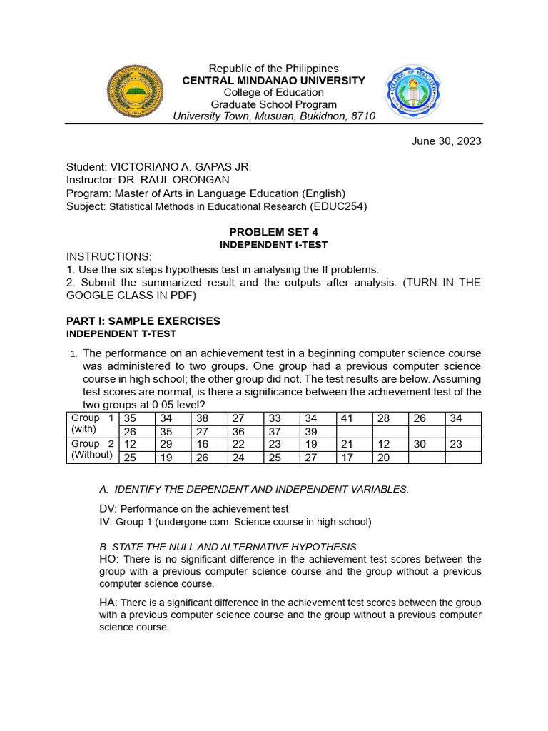 Independent T Test Statistical Problem Set 4 | PDF | Statistical ... Independent T Test Statistical Problem Set 4 | PDF | Statistical ...