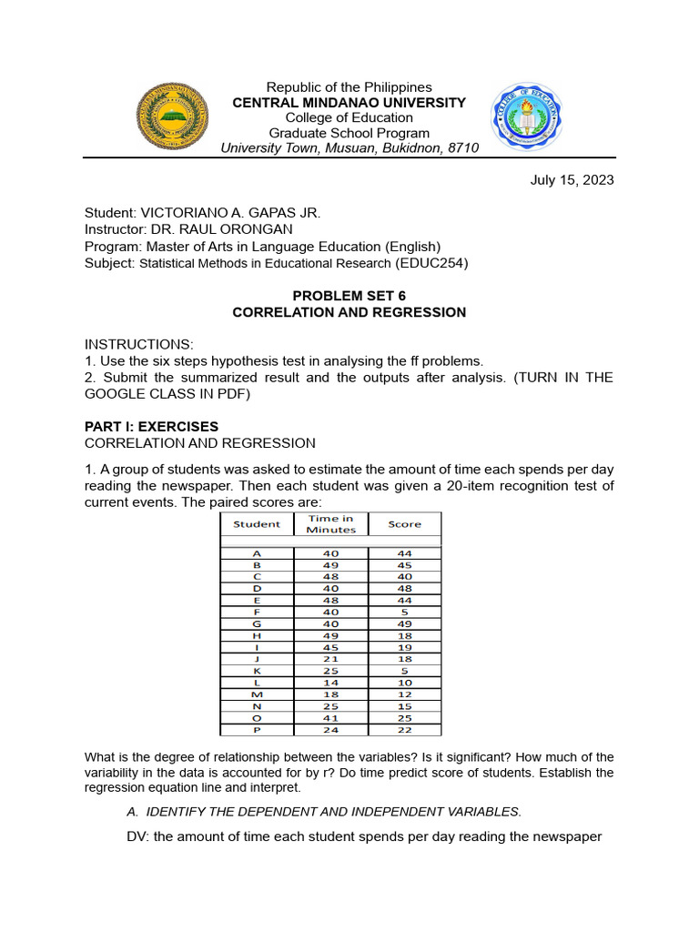 Educ 254 and 242 Ps6 Correlation Regeression | PDF | Regression ...