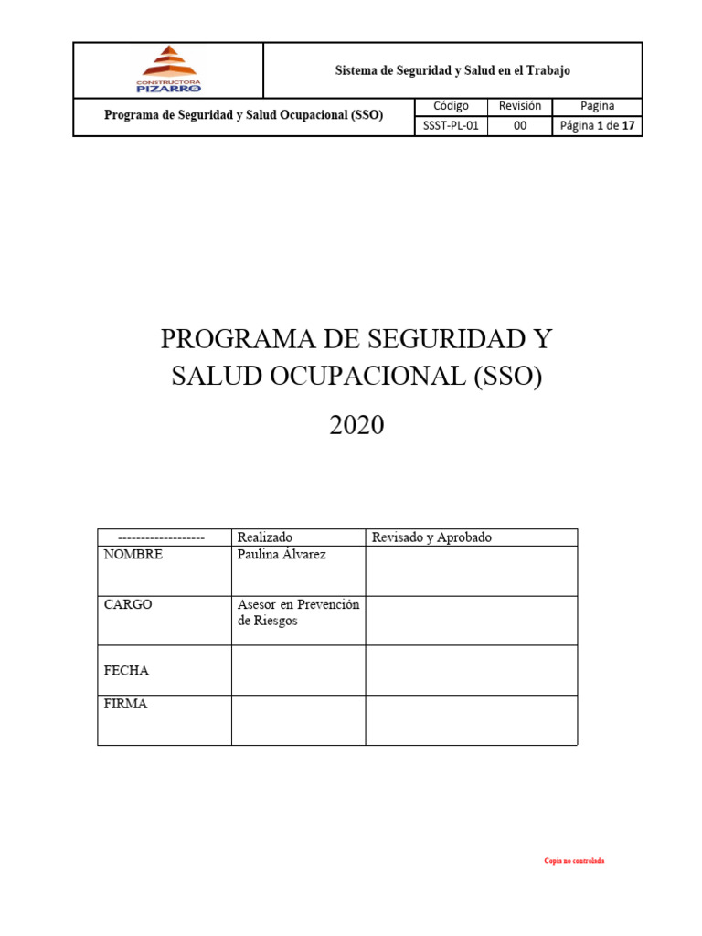 Programa de Seguridad y Salud Ocupacional (SSO) | PDF
