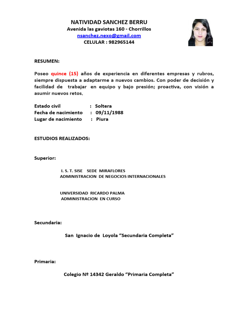CV Natividad Sanchez Berru-1 | PDF | Negocios | Finanzas y dinero