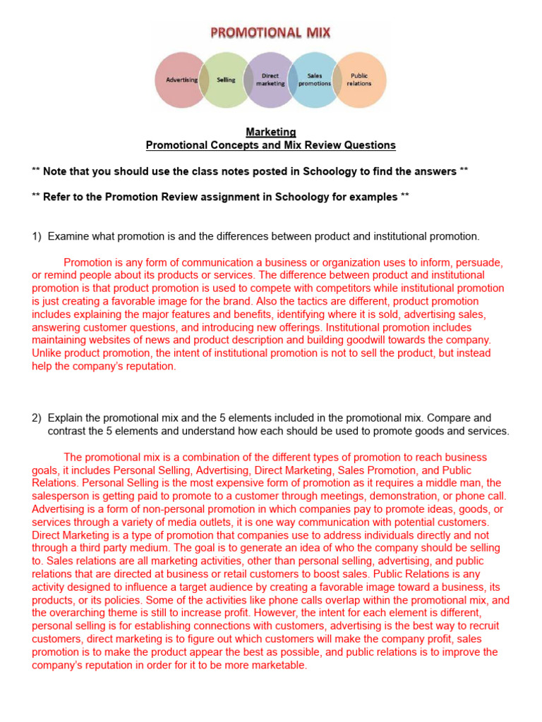 Promotion Mix Review Questions 2022-2023 | PDF | Sales | Marketing