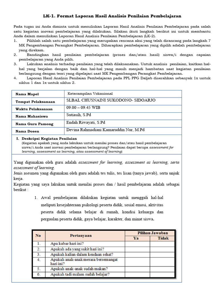 Format Hasil Asesmen Pembelajaran Bu Asih | PDF