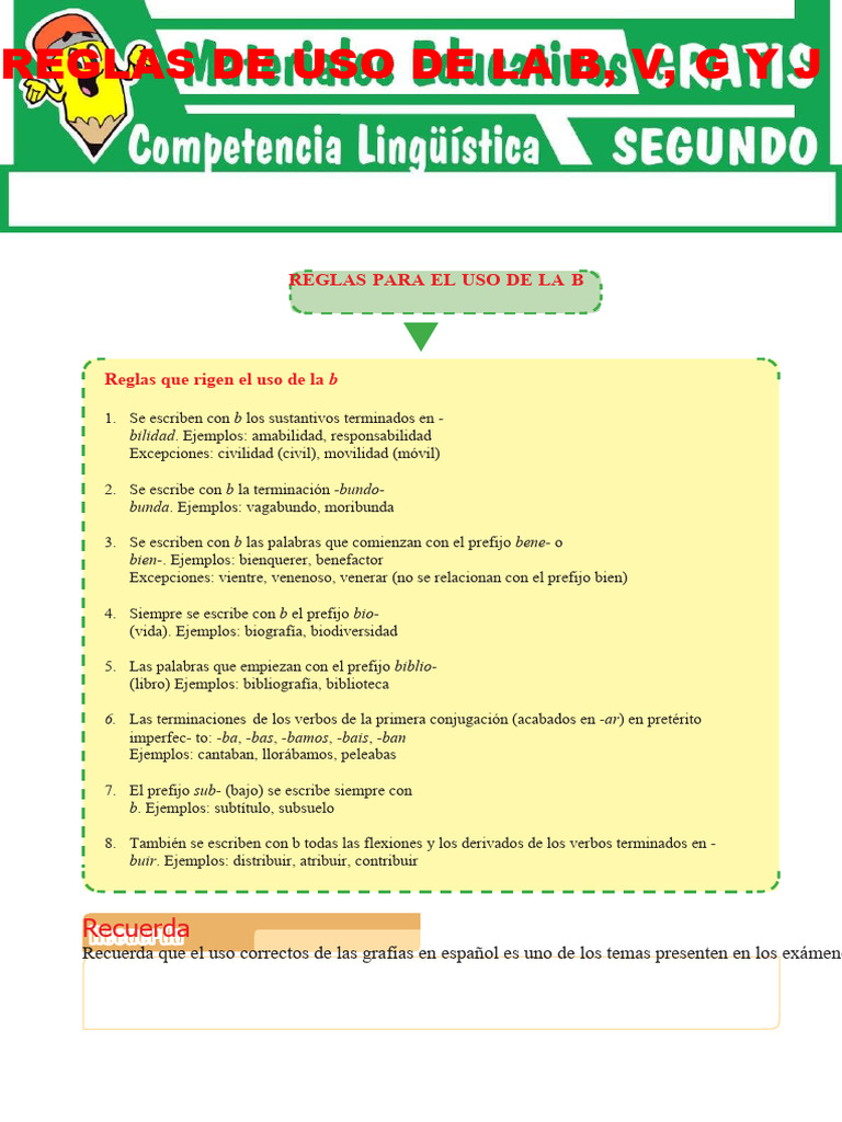 Reglas de Uso de La B V G y J para Segundo Grado de Secundaria | PDF ...