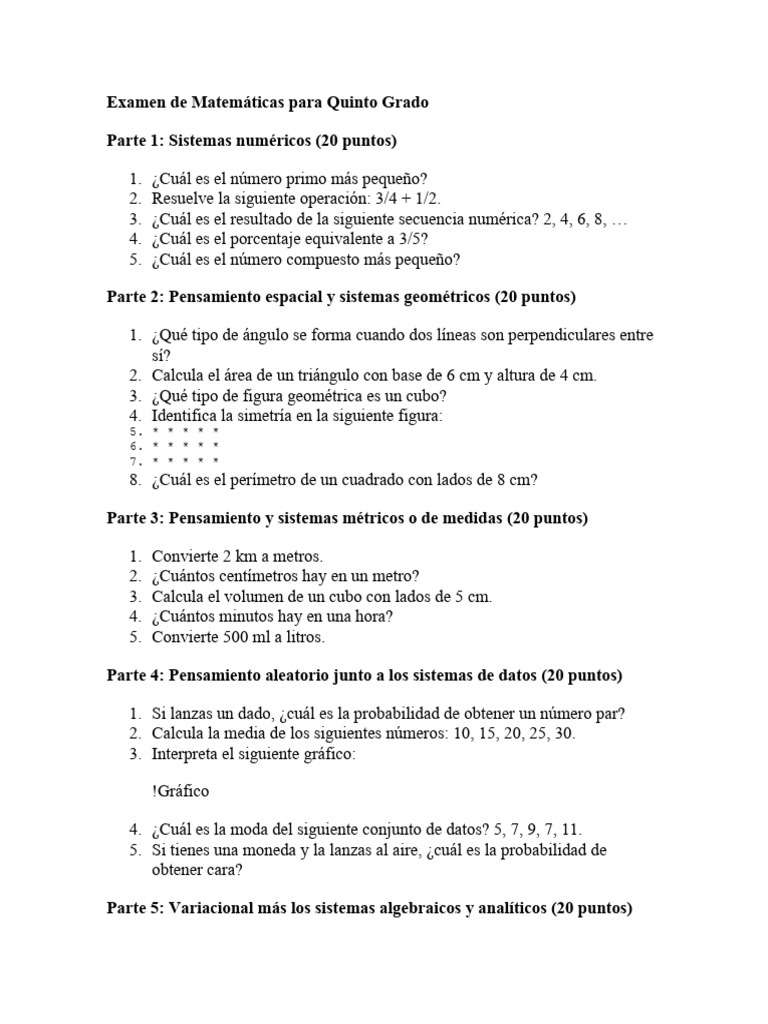 Examen De Matemáticas Para Quinto Grado Pdf 5713