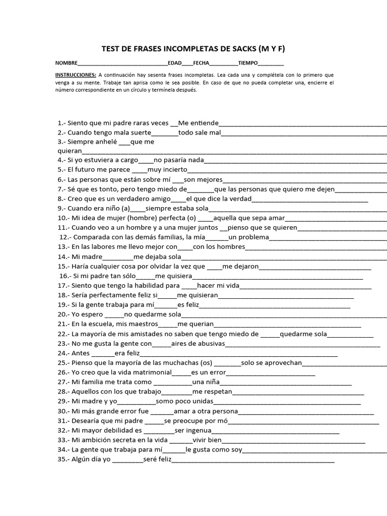 Test de Frases Incompletas de Sacks Ejercicio | PDF