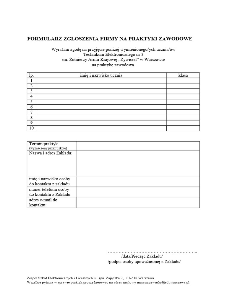 Formularz Zgłoszenia Firmy Na Praktyki Zawodowe | PDF