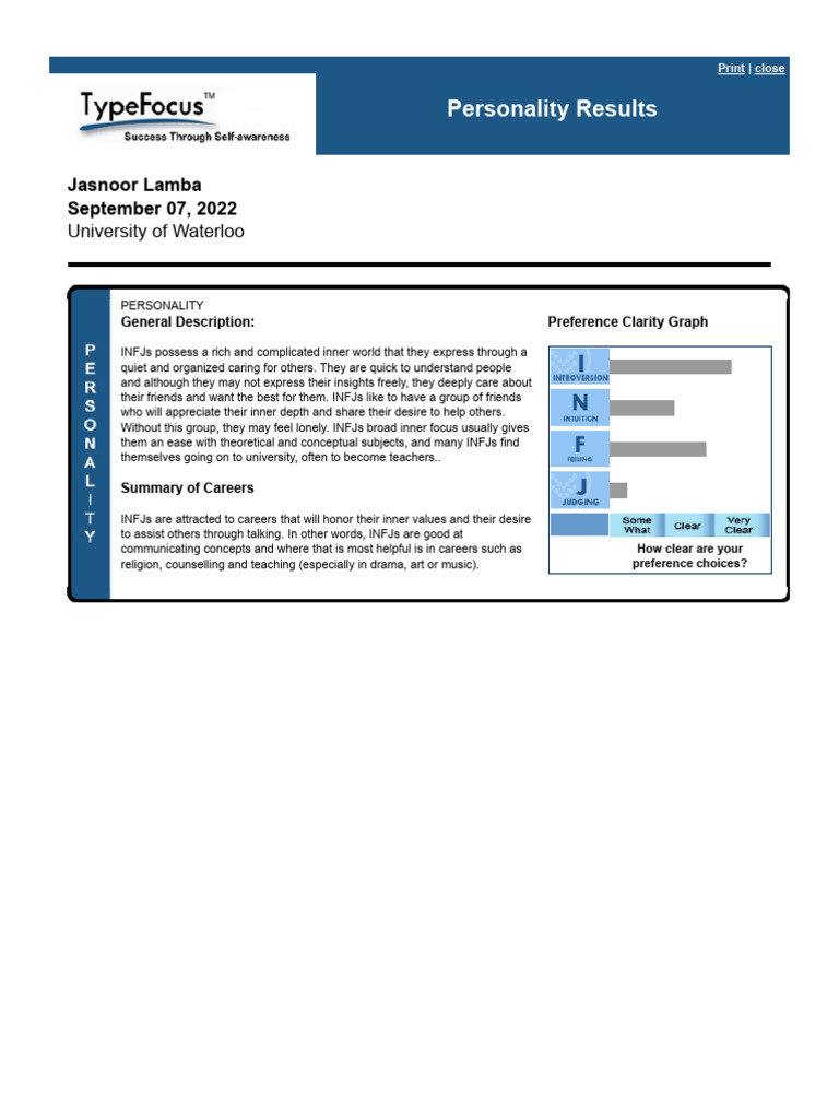 INFJ Personality Overview and Career Paths | PDF
