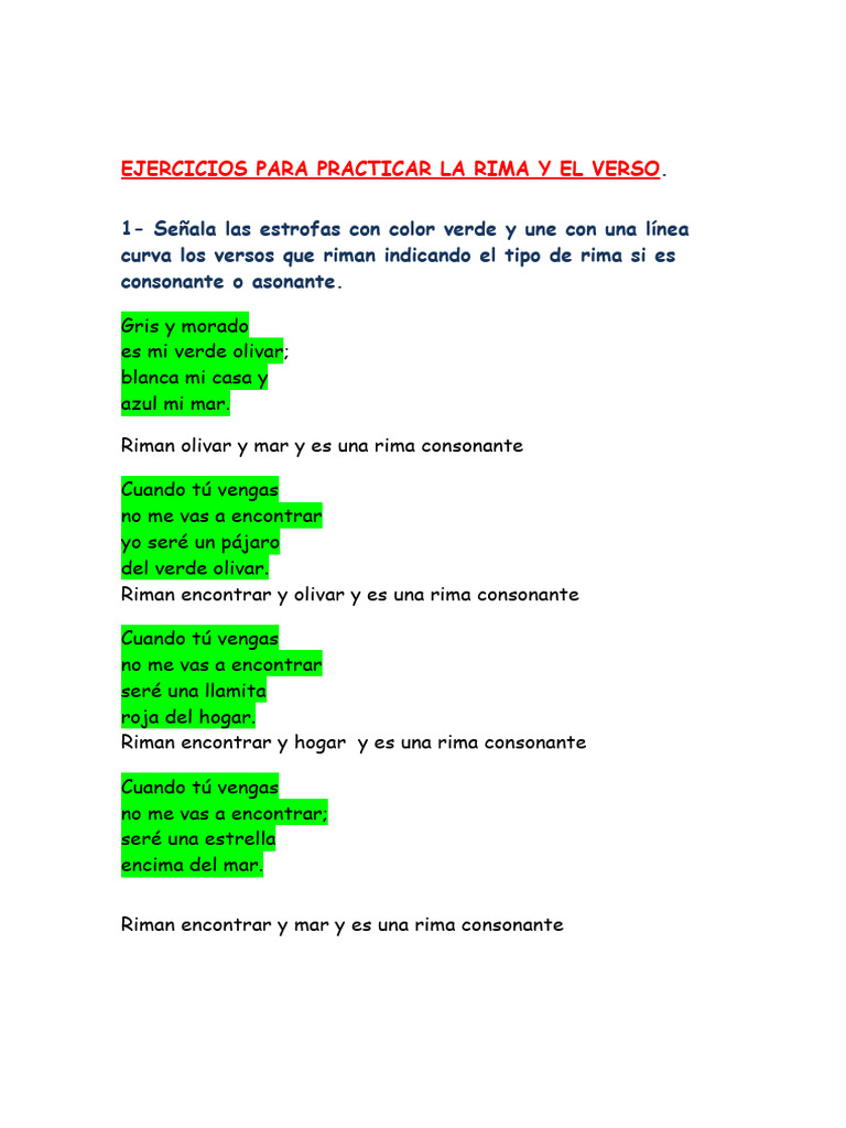 EJERCICIOS PARA PRACTICAR LA RIMA Y EL VERSO 28 Abril | PDF