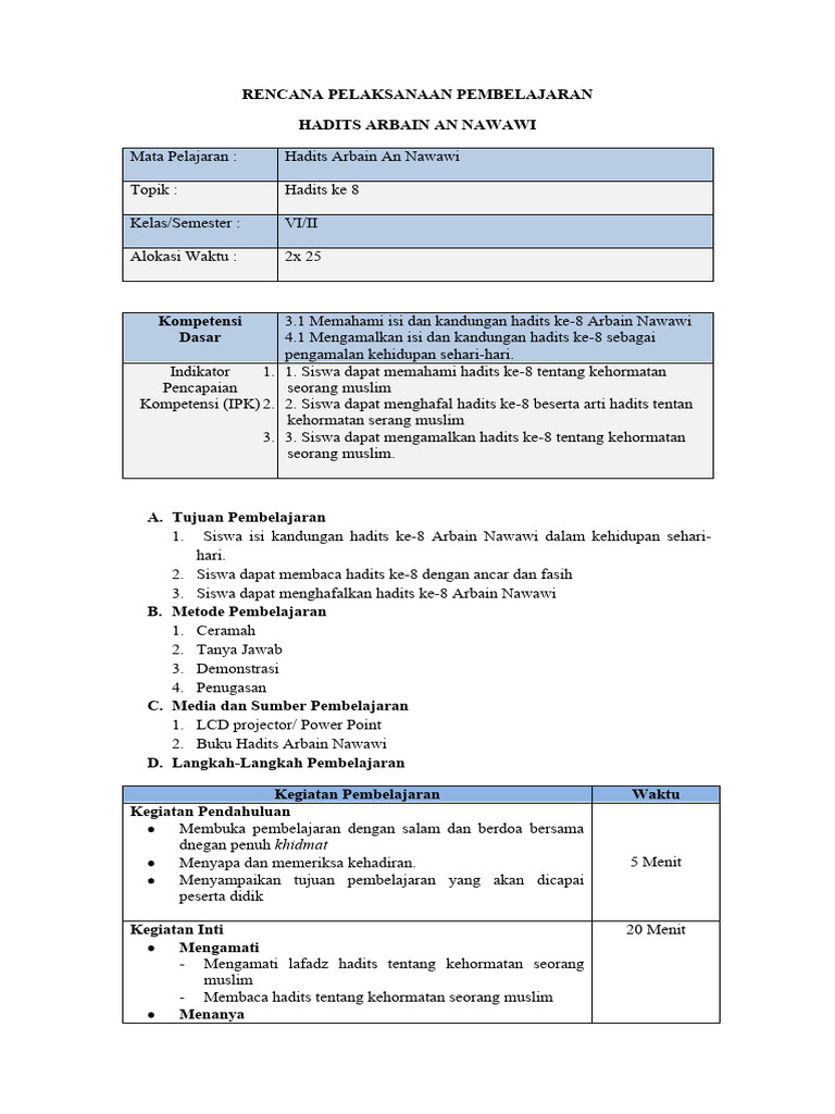 RPP Hadits Ke 8 | PDF