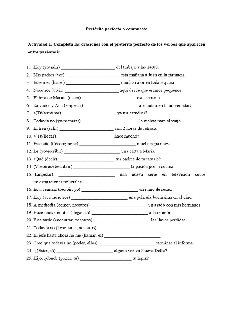 Pretérito Perfecto Compuesto-Actividad de Frases | PDF