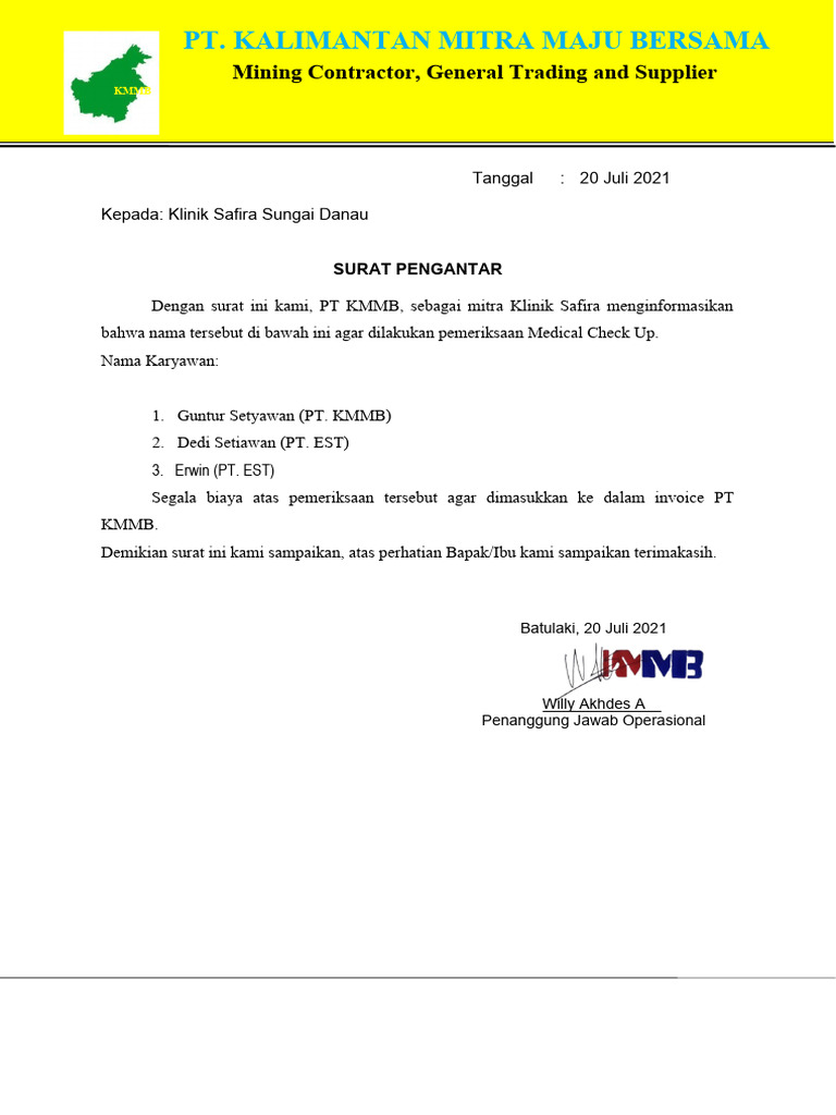 Surat Pengantar MCU Ke Klinik Safira Satui | PDF