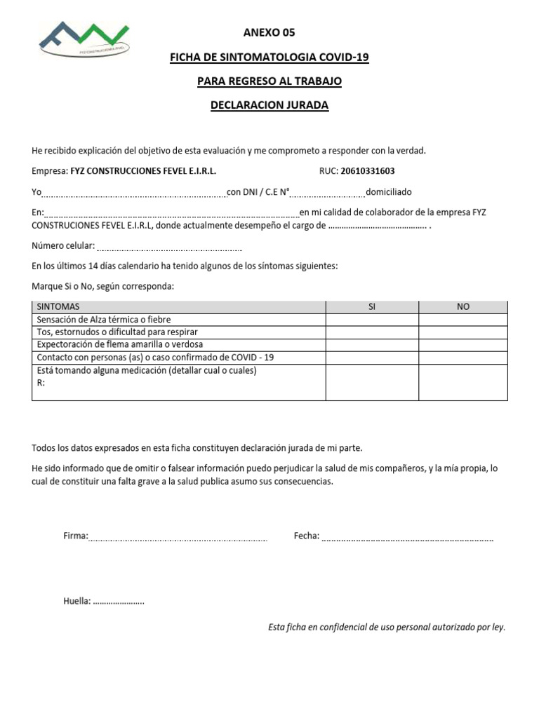 4.5 Anexo 05 Declaracion Jurada para El Regrreso Al Trabajo | PDF