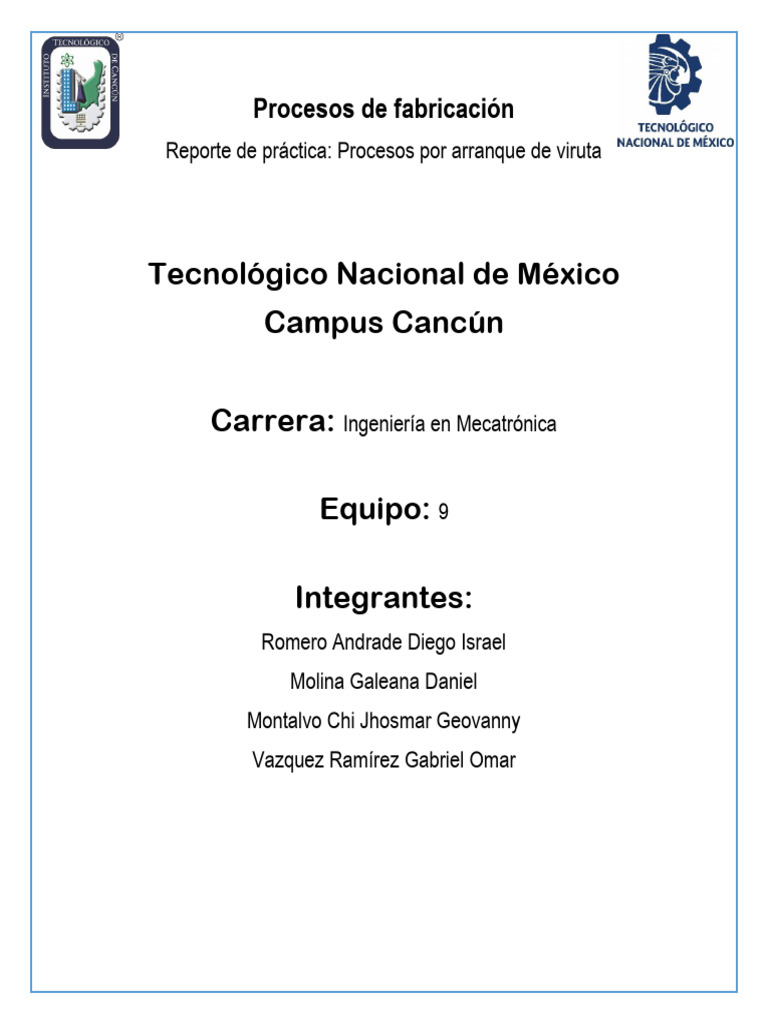 Procesos de Fabricación Reporte de Practica | PDF | Mecanizado