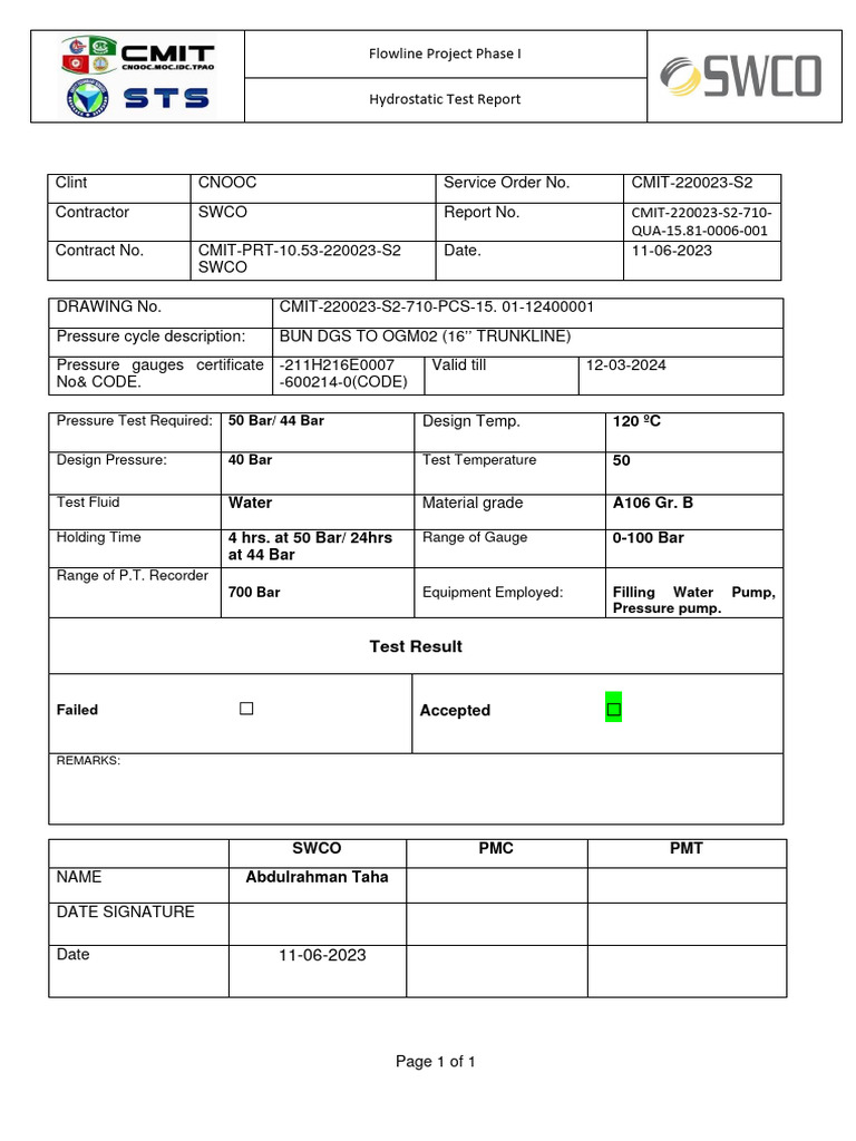 Hydrotest Report 16'' PIPELINE-1 | PDF
