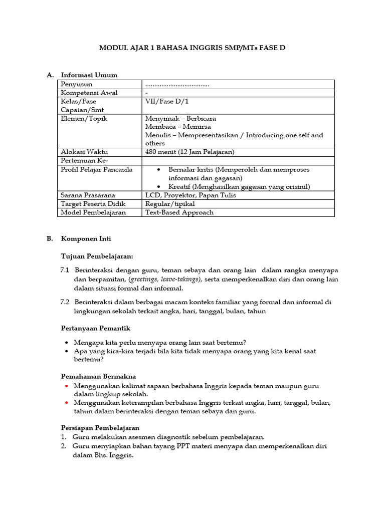 1 Modul Ajar Bright SMP Grade Vii | PDF