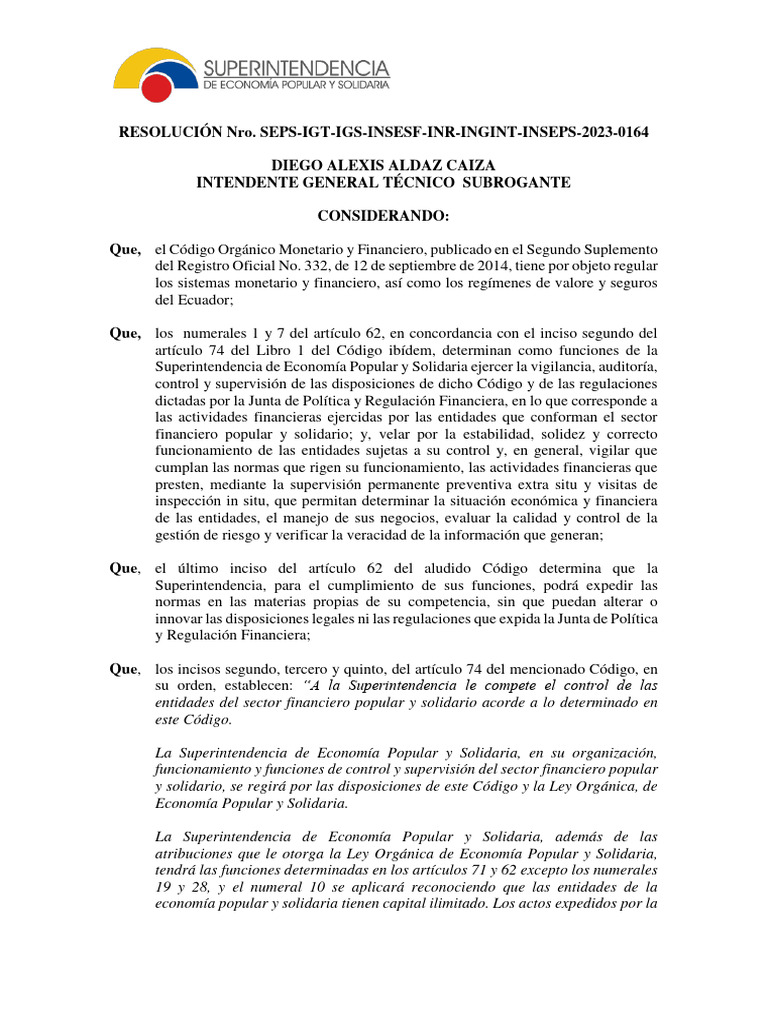 RESOLUCIÓN-Nro-SEPS-IGT-IGS-INSESF-INR-INGINT-INSEPS-2023-0164 - CONDUCTA DE MERCADO | PDF ...