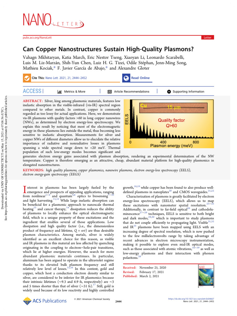 (Mkhitaryan2021) Can Copper Nanostructures Sustain High-Quality Plasmons | PDF | Plasmon ...