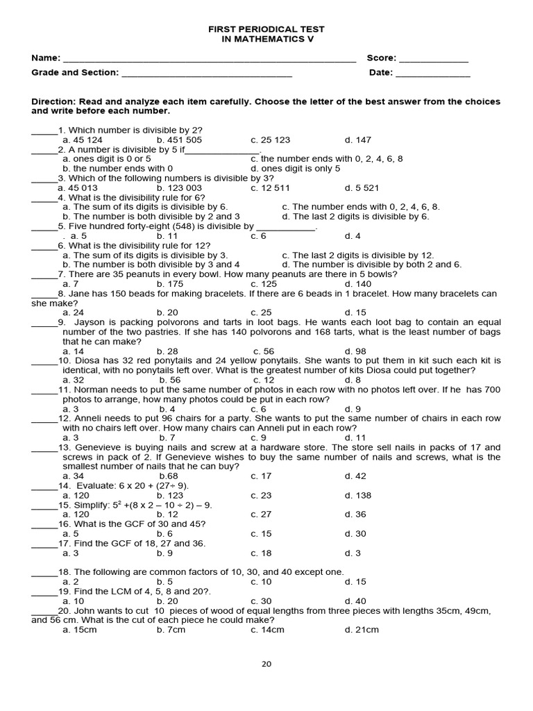 MATH 5 Periodical Test | PDF