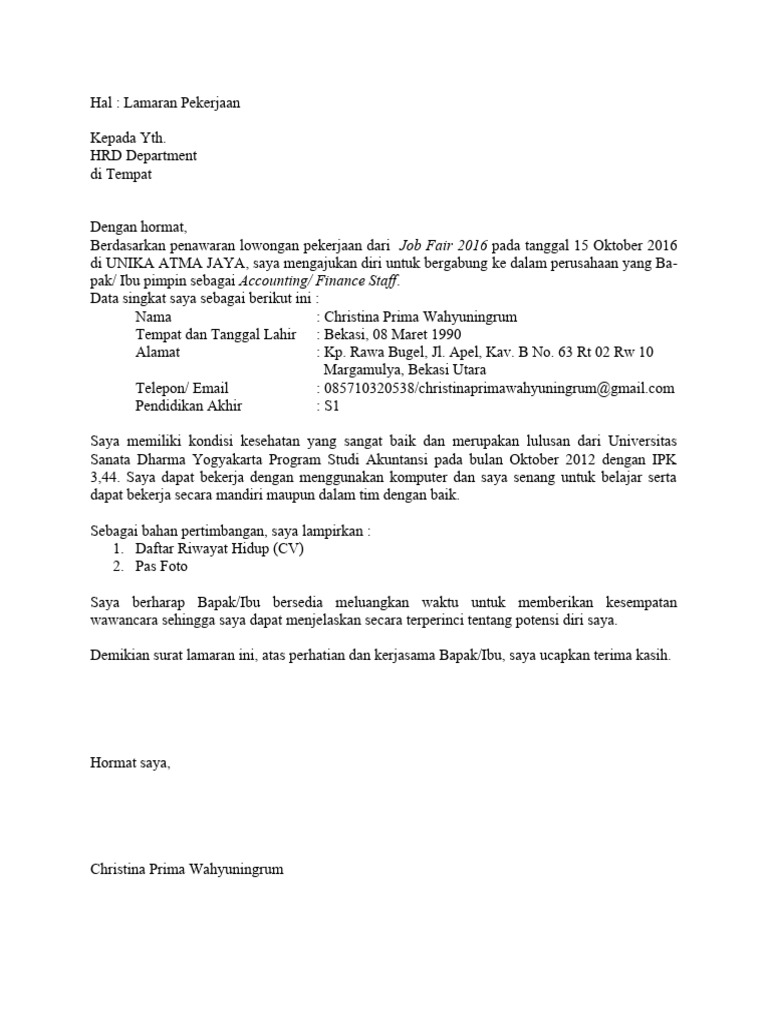 Surat Lamaran & CV Indonesia UNIKA ATMA JAYA | PDF