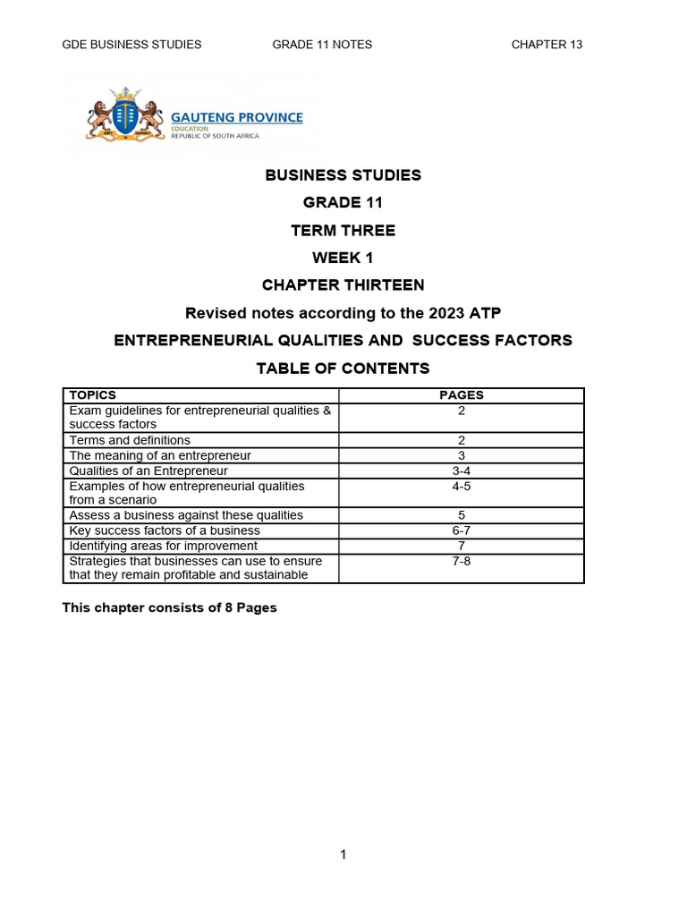 BUSINESS STUDIES GRADE 11 NOTES TERM 3 CHAPTER 13.edited | PDF ...