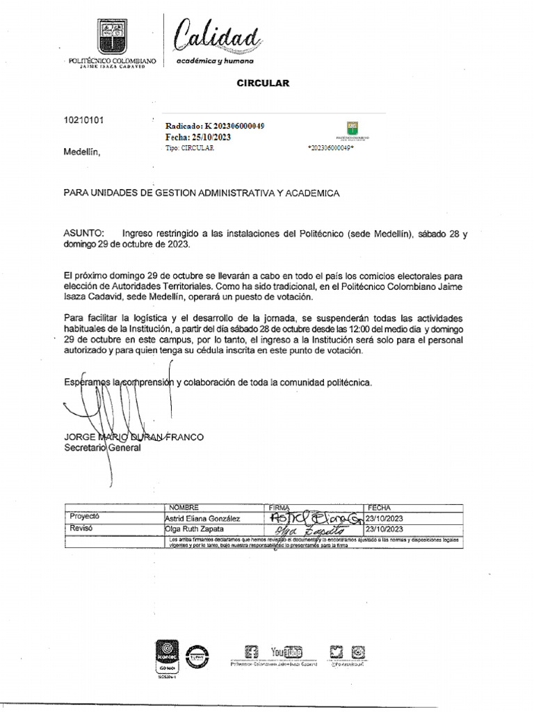 Circular 049 de 2023 - Restriccion - Ingreso - 28 - 29 - Octubre | PDF