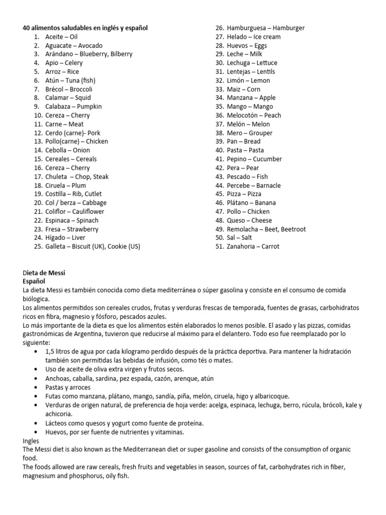 40 alimentos saludables en inglés y español | PDF | Alimentos | Comida ...