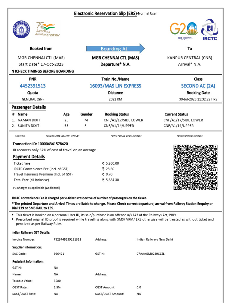 16093/mas LJN Express Second Ac (2A) | PDF | Identity Document