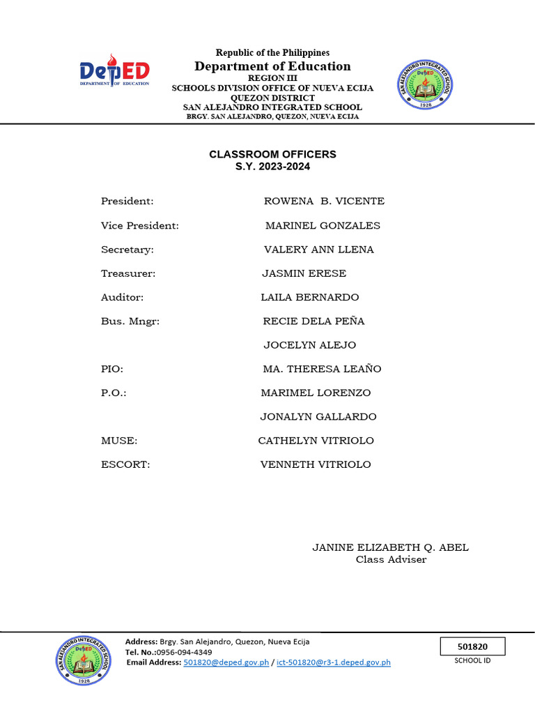 Classroom Officers List 2023-2024 | PDF
