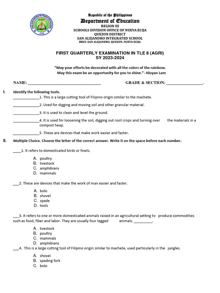 TLE 8 Quarterly Exam Guide 2023-2024 | PDF | Tools | Agriculture