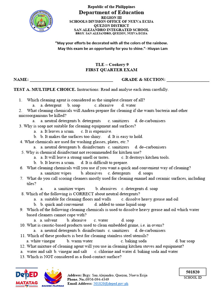 First Quarter Exam in Cookery 9 | PDF | Hors D'oeuvre | Disinfectant