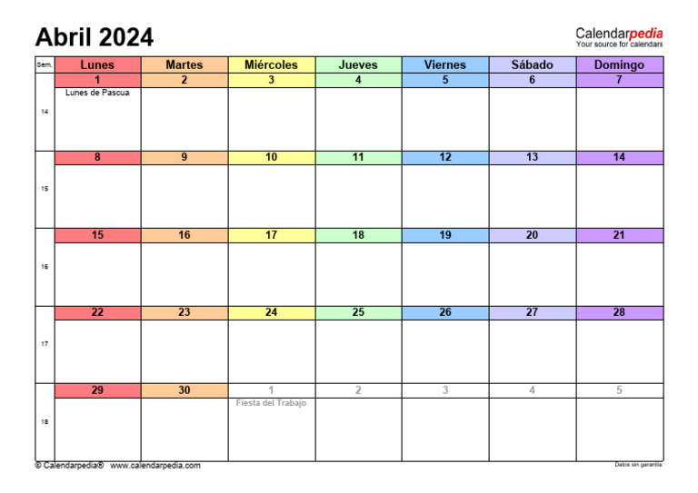 Calendario Abril 2024 Espana Horizontal | PDF