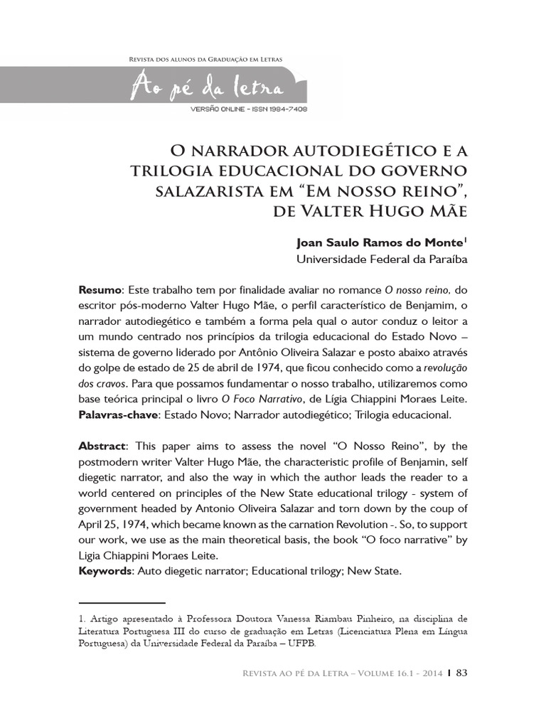 O Narrador Autodiegético e A Trilogia Educacional Do Governo ...