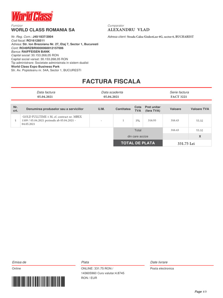 Invoice April Vlad Alexandru | PDF