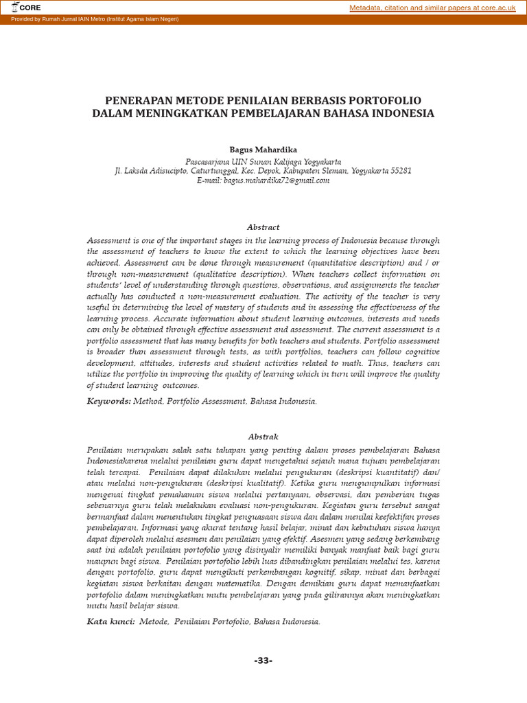 Penerapan Metode Penilaian Berbasis Portofolio Dalam Meningkatkan Pembelajaran Bahasa Indonesia ...