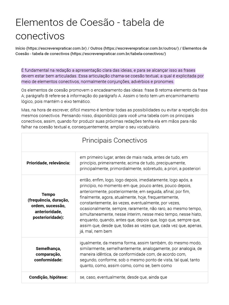 Elementos de Coesão – tabela de conectivos | PDF | Tempo