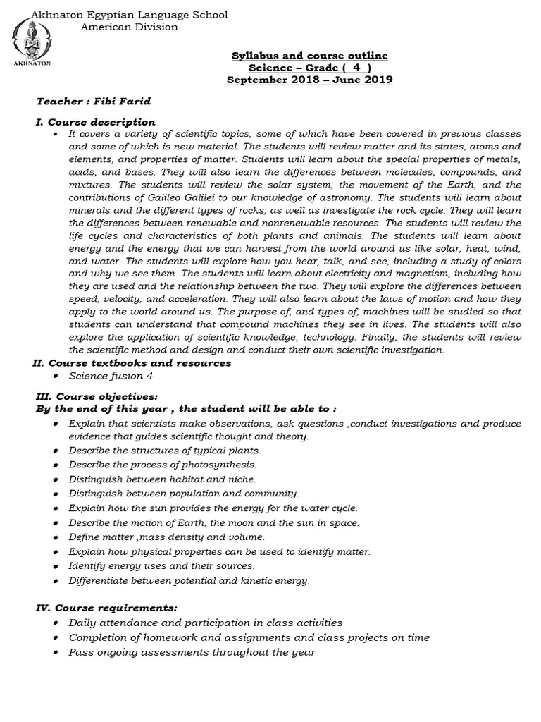 Syllabus and Course Outline Template Grade 4 | PDF | Scientific Method | Matter