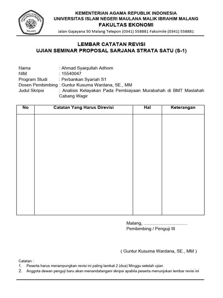 Lembar Catatan Revisi Seminar Proposal Penguji III | PDF