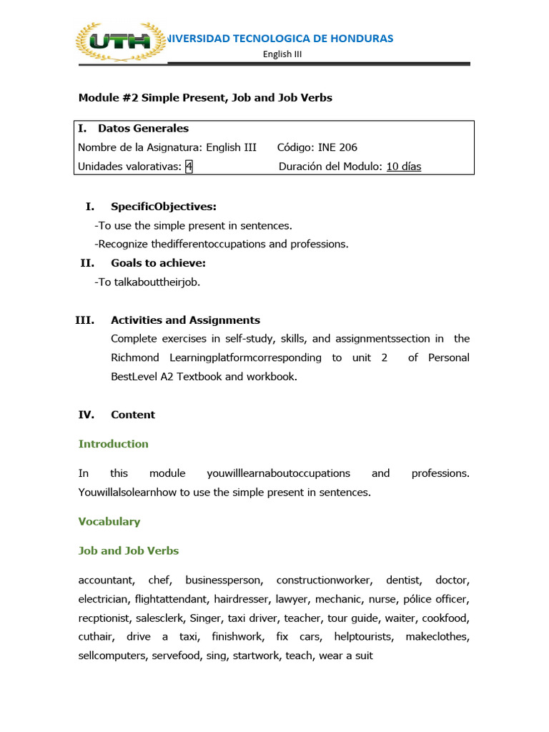 English III Module 2 Simple Present Job and Job Verbs | PDF | English ...