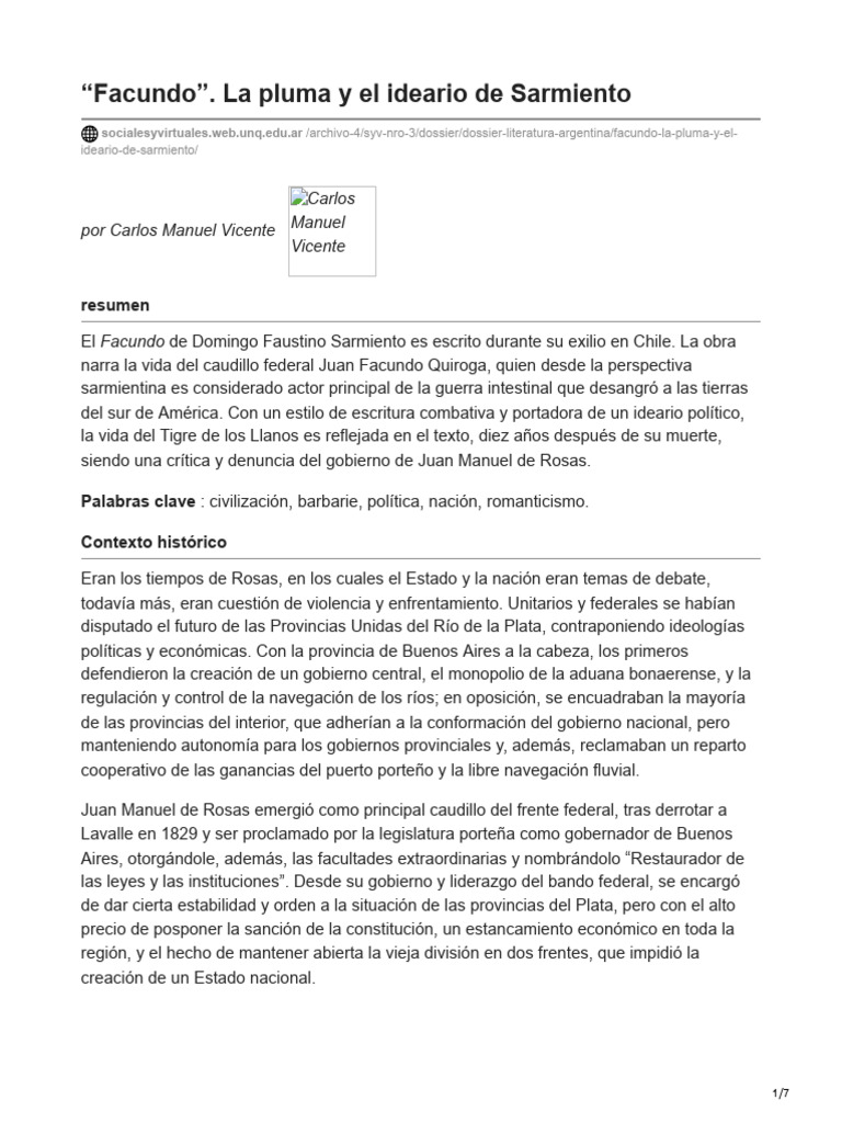 Socialesyvirtuales - Web.unq - Edu.ar-Facundo La Pluma y El Ideario de Sarmiento | PDF ...